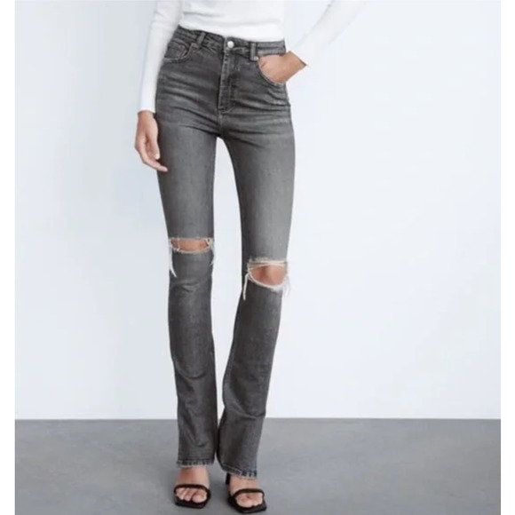 Zara | Jeans | Zara Hi Rise Slim Jeans With Split Hems Busted Knee ...